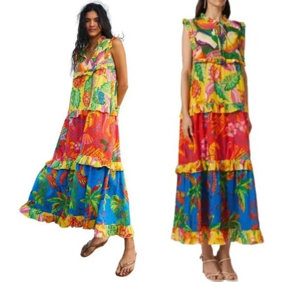 FARM Rio | Dresses | Nwt Farm Rios Mixed Prints Tiered Maxi Dress M ...